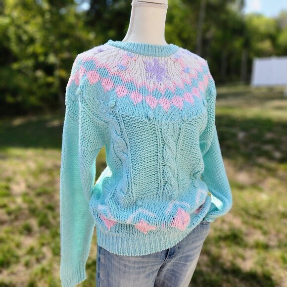 jason maxwell | Sweaters | Authentic Vintage Hand Knit 8s Pastel Chunky ...